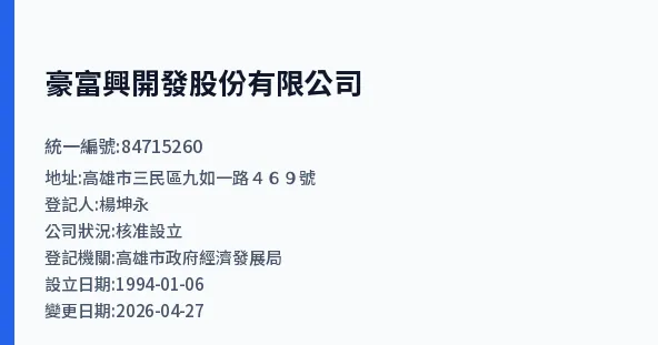 豪富興開發股份有限公司的照片-統編 84715260(高雄市) 公司登記資料與營業項目詳細圖表
