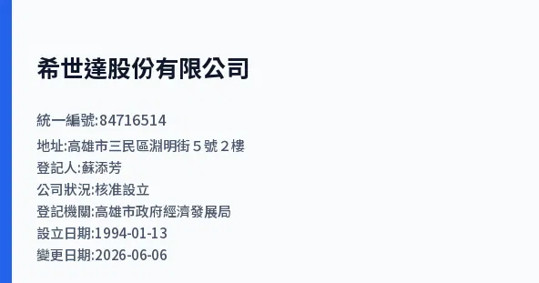 希世達股份有限公司的照片-統編 84716514(高雄市) 公司登記資料與營業項目詳細圖表