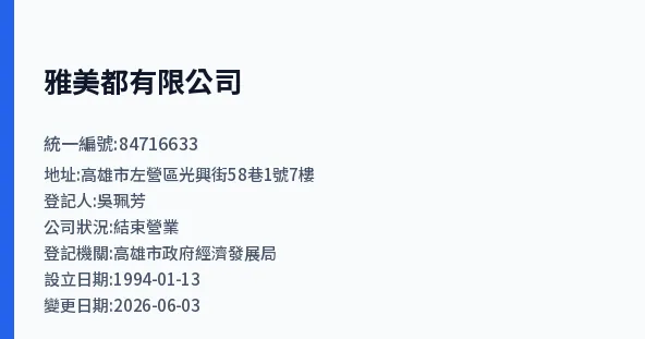 雅美都有限公司的照片-統編 84716633(高雄市) 公司登記資料與營業項目詳細圖表