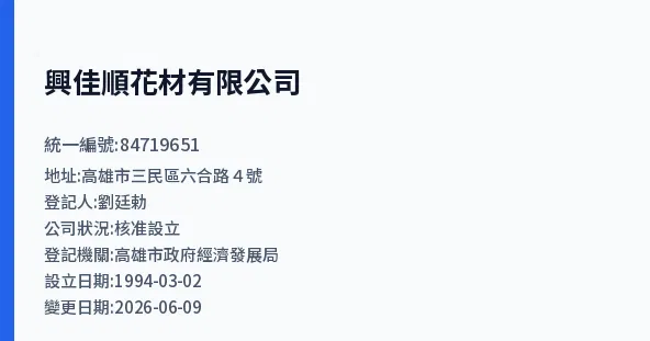 興佳順花材有限公司的照片-統編 84719651(高雄市) 公司登記資料與營業項目詳細圖表
