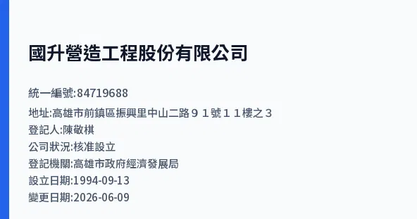 國升營造工程股份有限公司的照片-統編 84719688(高雄市) 公司登記資料與營業項目詳細圖表