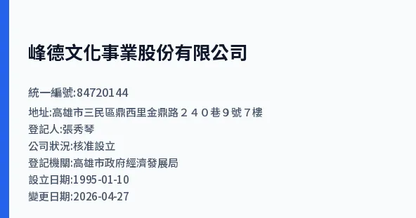峰德文化事業股份有限公司的照片-統編 84720144(高雄市) 公司登記資料與營業項目詳細圖表