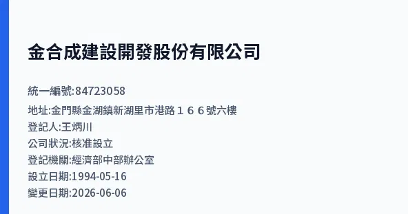 金合成建設開發股份有限公司的照片-統編 84723058(金門縣) 公司登記資料與營業項目詳細圖表