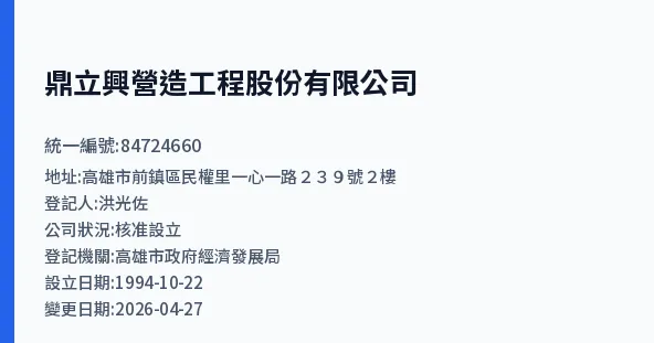 鼎立興營造工程股份有限公司的照片-統編 84724660(高雄市) 公司登記資料與營業項目詳細圖表
