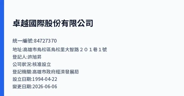 卓越國際股份有限公司的照片-統編 84727370(高雄市) 公司登記資料與營業項目詳細圖表