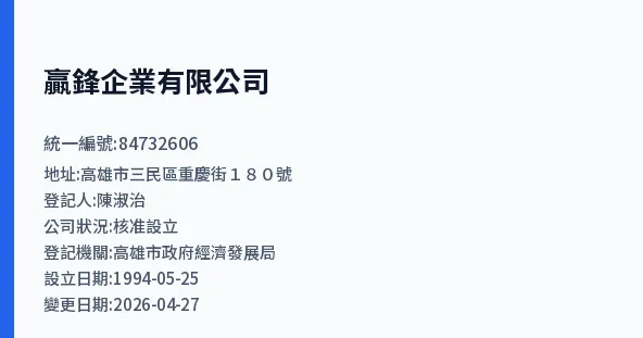 贏鋒企業有限公司的照片-統編 84732606(高雄市) 公司登記資料與營業項目詳細圖表