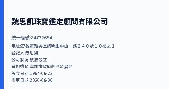 魏思凱珠寶鑑定顧問有限公司的照片-統編 84732654(高雄市) 公司登記資料與營業項目詳細圖表