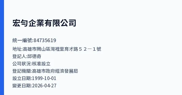 宏勻企業有限公司的照片-統編 84735619(高雄市) 公司登記資料與營業項目詳細圖表