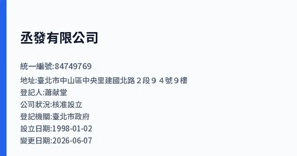 丞發有限公司的照片-統編 84749769(臺北市) 公司登記資料與營業項目詳細圖表