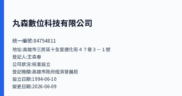 丸森數位科技有限公司的照片-統編 84754811(高雄市) 公司登記資料與營業項目詳細圖表