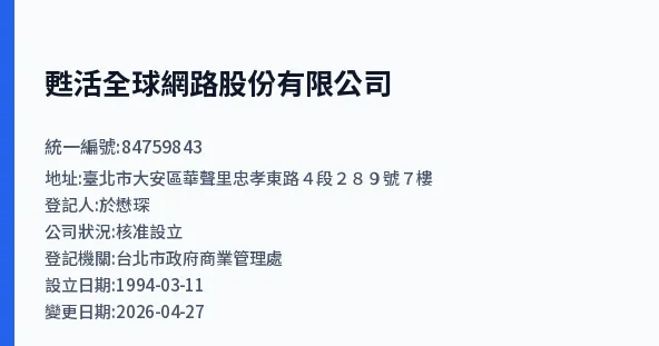 甦活全球網路股份有限公司的照片-統編 84759843(臺北市) 公司登記資料與營業項目詳細圖表