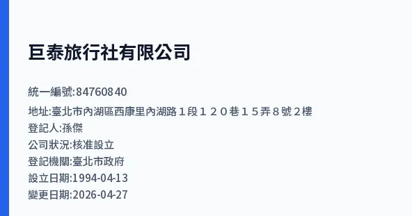 巨泰旅行社有限公司的照片-統編 84760840(臺北市) 公司登記資料與營業項目詳細圖表