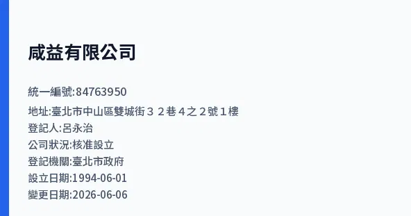 咸益有限公司的照片-統編 84763950(臺北市) 公司登記資料與營業項目詳細圖表