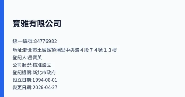 寶雅有限公司的照片-統編 84776982(新北市) 公司登記資料與營業項目詳細圖表