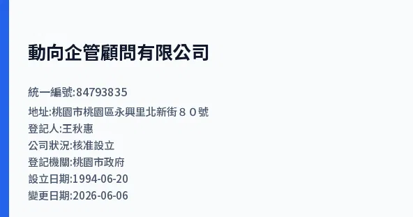 動向企管顧問有限公司的照片-統編 84793835(桃園市) 公司登記資料與營業項目詳細圖表