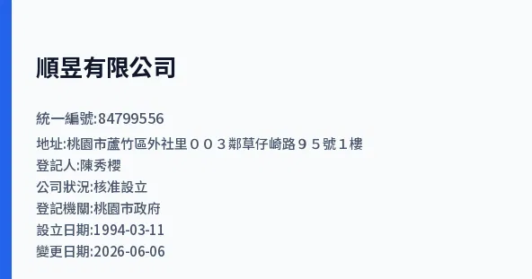順昱有限公司的照片-統編 84799556(桃園市) 公司登記資料與營業項目詳細圖表