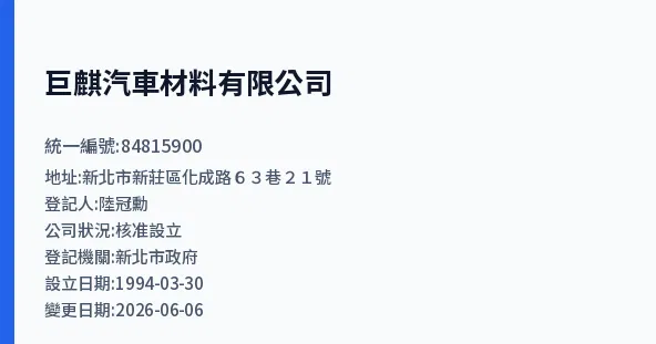 巨麒汽車材料有限公司的照片-統編 84815900(新北市) 公司登記資料與營業項目詳細圖表