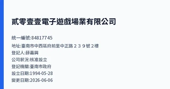 貳零壹壹電子遊戲場業有限公司的照片-統編 84817745(臺南市) 公司登記資料與營業項目詳細圖表