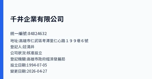 千井企業有限公司的照片-統編 84824632(高雄市) 公司登記資料與營業項目詳細圖表