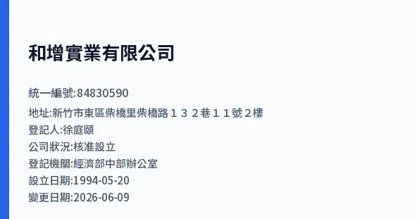 和增實業有限公司的照片-統編 84830590(新竹市) 公司登記資料與營業項目詳細圖表