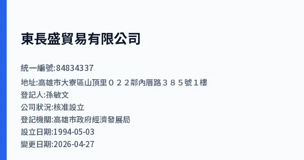 東長盛貿易有限公司的照片-統編 84834337(高雄市) 公司登記資料與營業項目詳細圖表