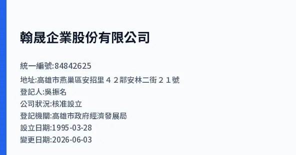 翰晟企業股份有限公司的照片-統編 84842625(高雄市) 公司登記資料與營業項目詳細圖表