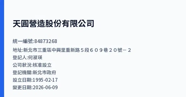 天圓營造股份有限公司的照片-統編 84873268(新北市) 公司登記資料與營業項目詳細圖表