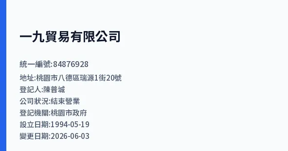 一九貿易有限公司的照片-統編 84876928(桃園市) 公司登記資料與營業項目詳細圖表