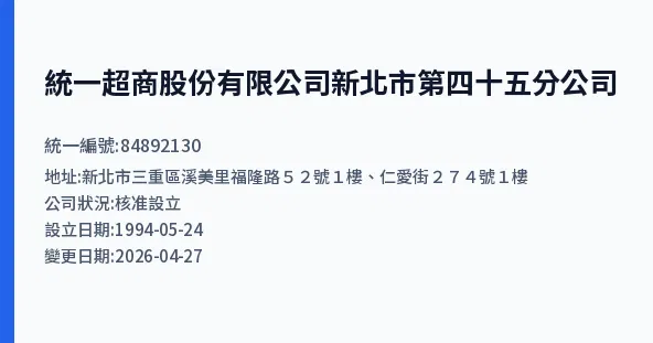 統一超商股份有限公司新北市第四十五分公司的照片-統編 84892130(新北市) 公司登記資料與營業項目詳細圖表