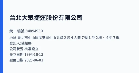 台北大眾捷運股份有限公司的照片-統編 84894989(臺北市) 公司登記資料與營業項目詳細圖表