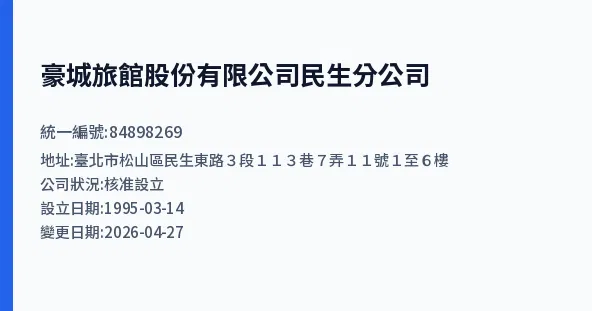 豪城旅館股份有限公司民生分公司的照片-統編 84898269(臺北市) 公司登記資料與營業項目詳細圖表