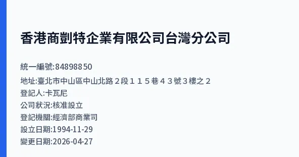 香港商剴特企業有限公司台灣分公司的照片-統編 84898850(臺北市) 公司登記資料與營業項目詳細圖表