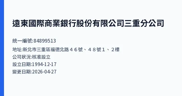 遠東國際商業銀行股份有限公司三重分公司的照片-統編 84899513(新北市) 公司登記資料與營業項目詳細圖表