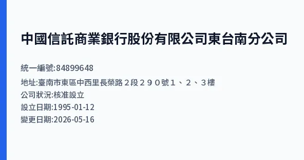 中國信託商業銀行股份有限公司東台南分公司的照片-統編 84899648(臺南市) 公司登記資料與營業項目詳細圖表