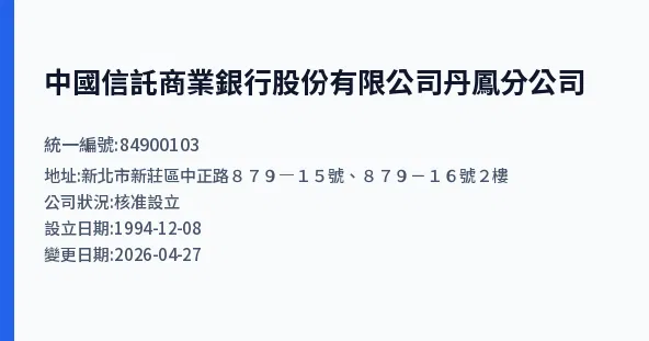中國信託商業銀行股份有限公司丹鳳分公司的照片-統編 84900103(新北市) 公司登記資料與營業項目詳細圖表