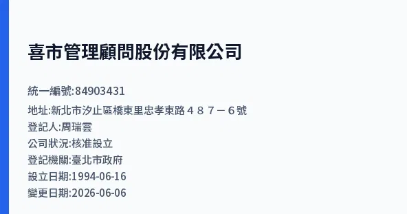 喜市管理顧問股份有限公司的照片-統編 84903431(新北市) 公司登記資料與營業項目詳細圖表