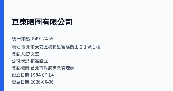 巨東晒圖有限公司的照片-統編 84917456(臺北市) 公司登記資料與營業項目詳細圖表