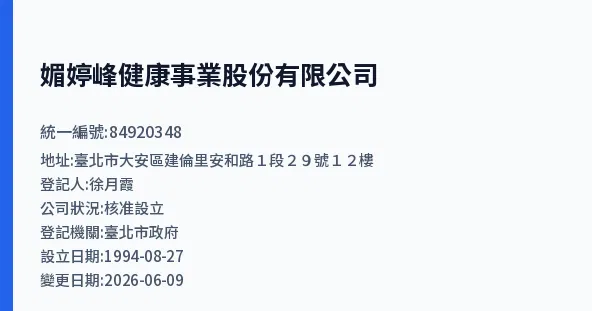 媚婷峰健康事業股份有限公司的照片-統編 84920348(臺北市) 公司登記資料與營業項目詳細圖表