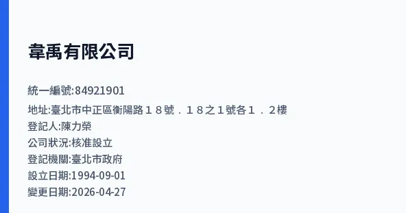 韋禹有限公司的照片-統編 84921901(臺北市) 公司登記資料與營業項目詳細圖表