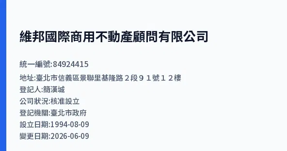 維邦國際商用不動產顧問有限公司的照片-統編 84924415(臺北市) 公司登記資料與營業項目詳細圖表