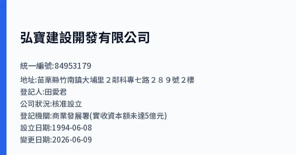 弘寶建設開發有限公司的照片-統編 84953179(苗栗縣) 公司登記資料與營業項目詳細圖表