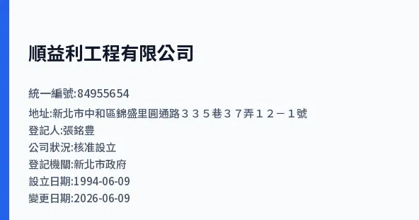 順益利工程有限公司的照片-統編 84955654(新北市) 公司登記資料與營業項目詳細圖表