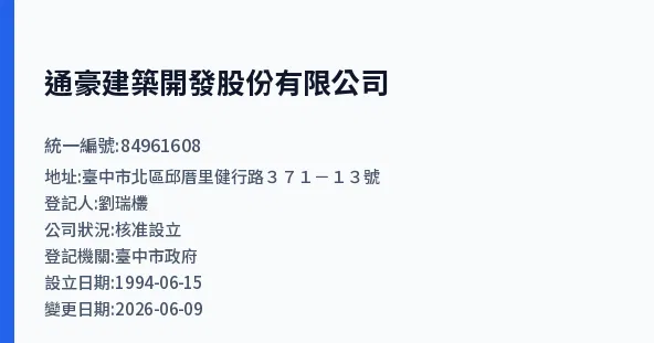 通豪建築開發股份有限公司的照片-統編 84961608(臺中市) 公司登記資料與營業項目詳細圖表