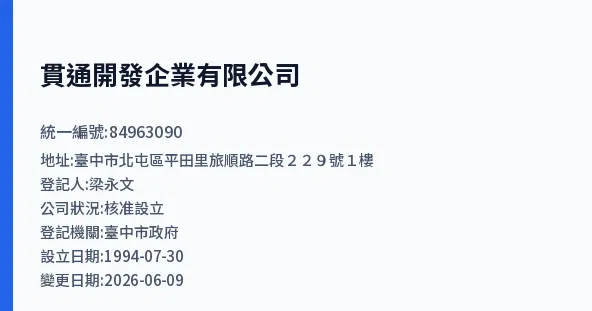 貫通開發企業有限公司的照片-統編 84963090(臺中市) 公司登記資料與營業項目詳細圖表