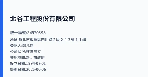 北谷工程股份有限公司的照片-統編 84970395(新北市) 公司登記資料與營業項目詳細圖表