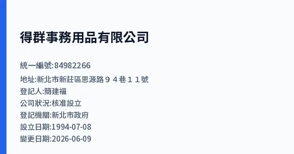 得群事務用品有限公司的照片-統編 84982266(新北市) 公司登記資料與營業項目詳細圖表