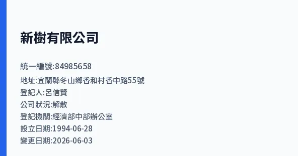 新樹有限公司的照片-統編 84985658(宜蘭縣) 公司登記資料與營業項目詳細圖表