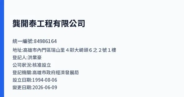 龔開泰工程有限公司的照片-統編 84986164(高雄市) 公司登記資料與營業項目詳細圖表
