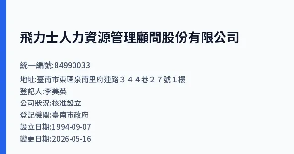 飛力士人力資源管理顧問股份有限公司的照片-統編 84990033(臺南市) 公司登記資料與營業項目詳細圖表