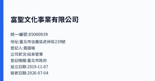 富聖文化事業有限公司的照片-統編 85000939(臺北市) 公司登記資料與營業項目詳細圖表
